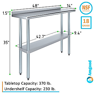AmGood 48" Long x 14" Deep Stainless Steel Work Table with 1.5" Backsplash | Metal Kitchen Food Prep Table | NSF