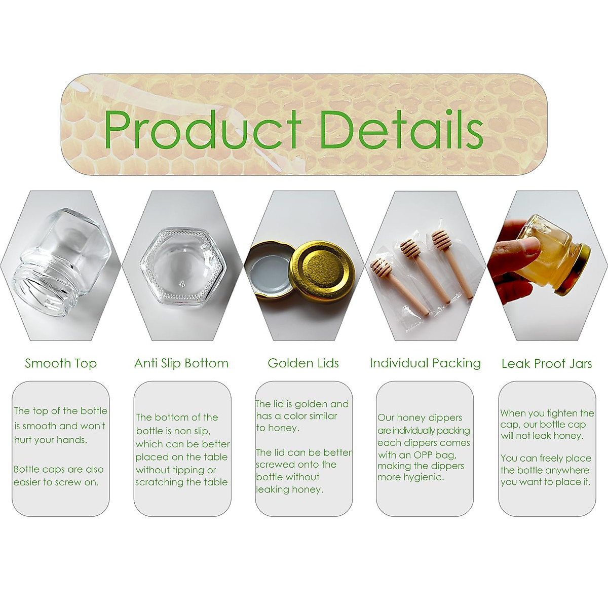 DnayDkiy 40 Pack 1.5 oz Hexagon Mini Glass Honey Jars with Dipper, Gold Lids, Bee Pendants, Jutes, Golden Gift Bags and Thank You Cards - Perfect for Baby Shower Favors, Wedding Favors Party Favors