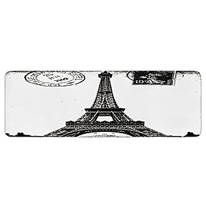 Kitchen Rug Eiffel Tower Vintage Stamp City Scape,Non Slip Door Mat Absorbent Front Carpet Black and White Art,Soft Floor Mats for Bathroom Living Room Hallway Decor 20x63In
