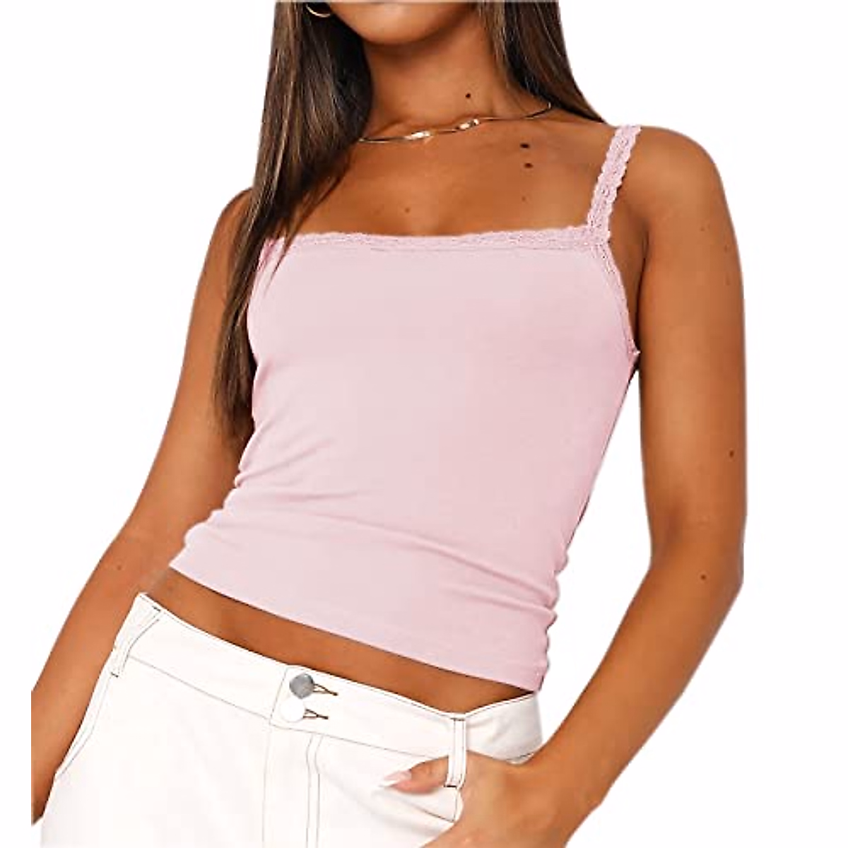 Cioatin Women’s Lace Patchwork Spaghetti Strap Crop Cami Strappy Y2K Going Out Crop Top Tank Sleeveless Slim Fit Shirt Pink