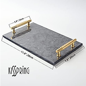 Kisspring Natural Marble Tray with Golden Embossed Handle,Stone Bathroom Tray, Decorative Tray with Metal Handle for Bathroom Kitchen Vanity Dresser Nightstand Desk, (White)