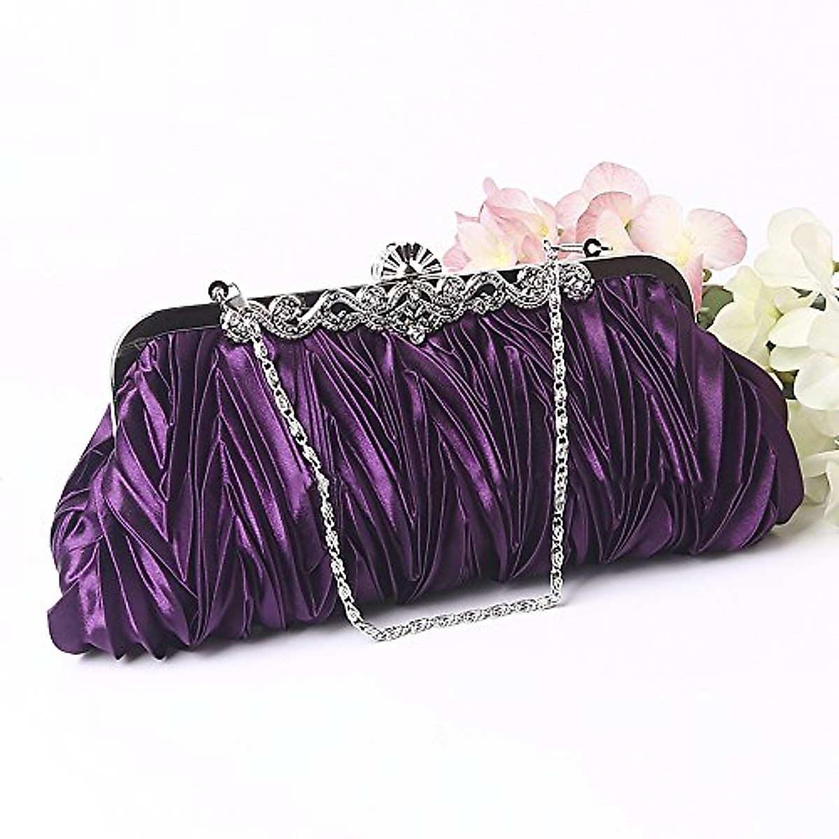 QZUnique Women's Vintage Satin Clutch Purse Pleated Crystal Evening Handbag Shoulder Bag Purple