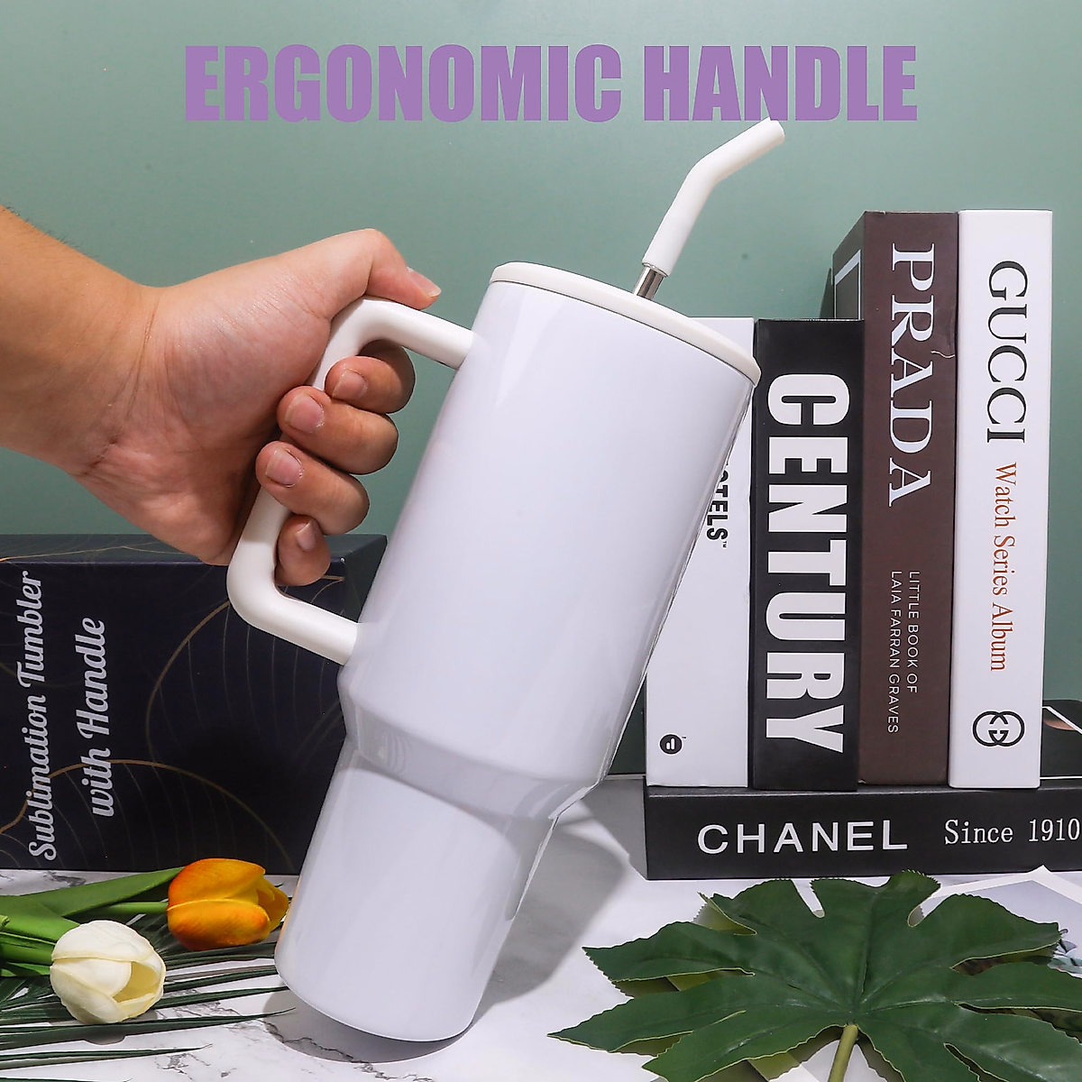 Laosh 40 oz Sublimation Tumbler with Handle And Straw, 4pcs 40oz Sublimation Tumblers Blanks Bulk, Coffee Insulated Cup Stainless Steel Travel Mug for Diy Craft 40 Oz Tumbler Heat Press Print (White)