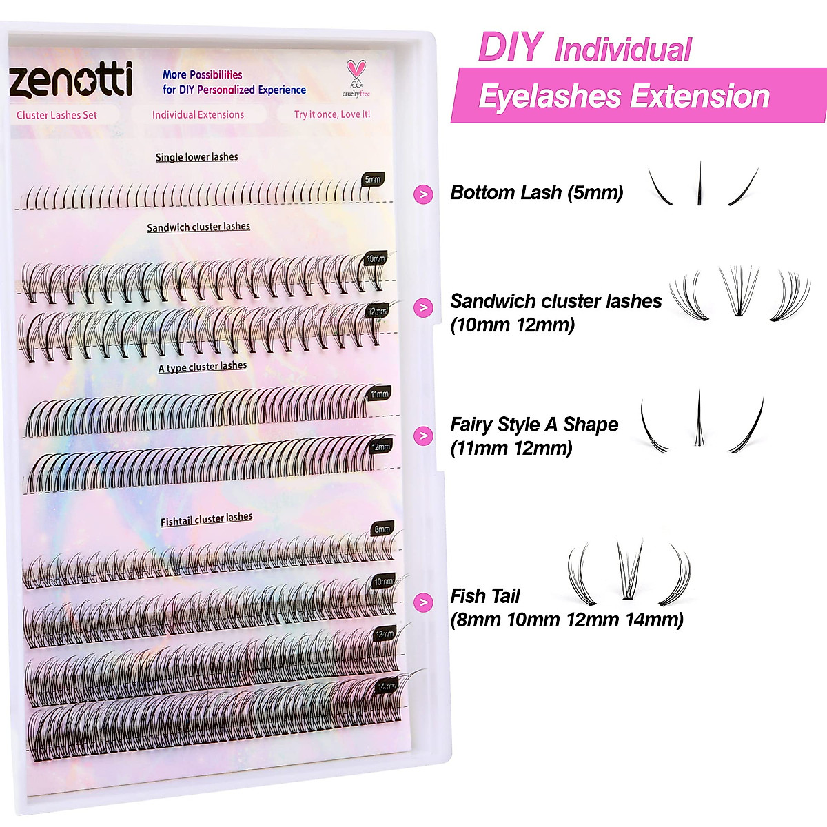 Individual Lashes Manga Lashes Individual Cluster Lashes 320pcs Mixed Pack, DIY Eyelash Extensions 5-16mm Mixed Length zenotti False Eyelashes Natural Look Reusable Super Thin Band C Curl Lower Bottom Lash Fairy Style A Shape Fish Tail Mixed Lash Clusters