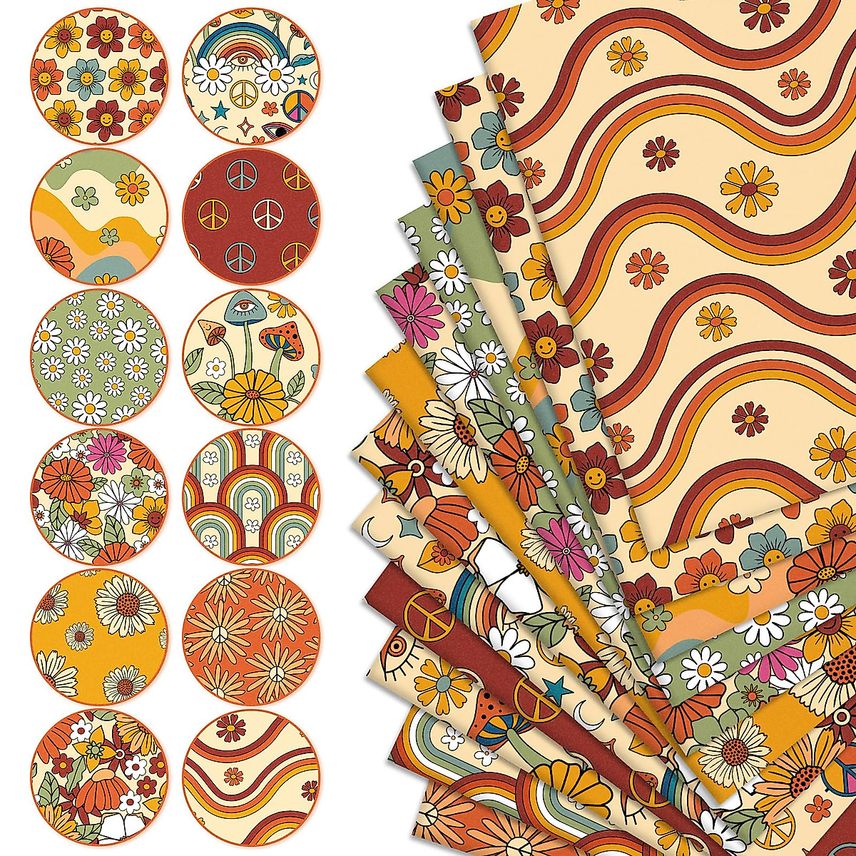 Whaline 12Pcs Retro Floral Cotton Fabric Bundles 10 x 10 Inch Hippie Groovy Boho Rainbow Printed Fat Quarters Boho Quilting Patchwork for DIY Handmade Crafting Home Party Decor