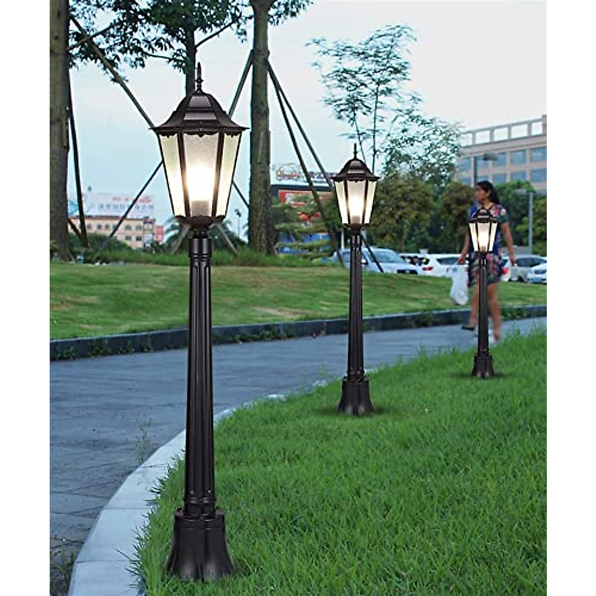 1-Light Black European Glass Lantern Street Light, Traditional Victoria Antique Outdoor Aluminum Metal Pillar Post Lamp Waterproof Column Lawn Villa Garden Landscape Pole Floor Lights D