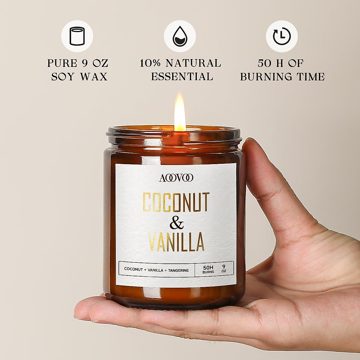 AOOVOO Vanilla Coconut Candle - Vanilla Candle, Scented Candles, Soy Candles, Aromatherapy Candle, Soy Wax Candle, Candle for Home Scented, 9oz