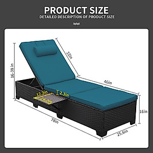 WAROOM Outdoor Chaise Lounge Chairs for Outside Patio Furniture Set of 2 Wicker Recliner Black Rattan Double Reclining Pool Lounge Chair Adjustable Backrest Lounger with Peacock Blue Cushion