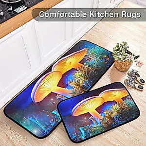 Emelivor Fantasy Glowing Mushrooms Kitchen Rugs and Mats Set 2 Piece Non Slip Washable Runner Rug Set of 2 for Kitchen Floor Home Decorative Laundry