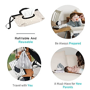 Kiki Babies Portable Wipes container & baby wipes holder 4 -Pc set: Convenient Reusable Wipes Pouch & Travel Wipes Case for On-the-Go Care Refillable Dispenser Includes 2 Stroller Hooks & Bag Gift set
