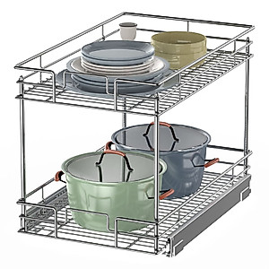 LOVMOR Cabinet Organizer, 2-Tier Pull Out Cabinet Organizers 11" W x 21" D, Pull Out Home Organizers Chrome Pull Out Drawer for Base Cabinet Silver