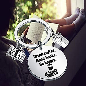 BEKECH Book Lovers Gift Coffee Lovers Gift Drink Coffee Read Books Be Happy Keychain Gift for Reading Lovers Bookworms Reader Book Club Gift Librarian Gift (silver)