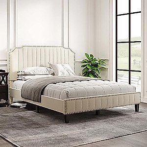 Queen Size Linen Upholstered Platform Bed Frame with Soft Nailhead Headboard and Wooden Slats Support, No Box Spring Needed for Boys Girls Teens Adults, Noise-Free, Under Bed Storage (Queen)