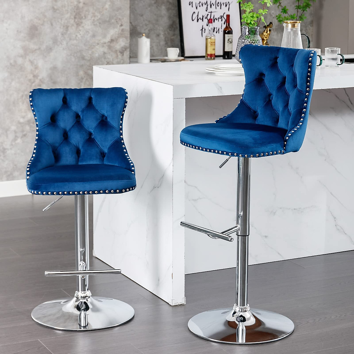 ODUSE-DAILY Velvet Swivel Bar Stools Set of 2, 25-33 Inch Height Adjustable, Counter Height Bar Stools with Back, Bar Chairs for Counter Height Bar Height Kitchen Island (Chrome, 2 Blue)