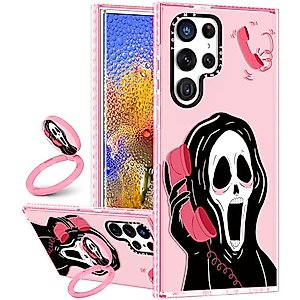 Toycamp for S23 Ultra Case with Ring Holder, Cute Funny Skull Skeleton Face Design for Women Girls Boys Teens for S23 Ultra Cases, Cute Cartoon Print Cover for Samsung Galaxy S23 Ultra Case 6.8''