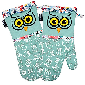 Alselo Oven Mitts, Heat Resistant with Soft Quilted Cotton Lining Set of 2, Fashion Animal Design with Silicone Printing Anti-Slip Kitchen Gloves for Safe Backing Cooking Barbecue (Green 2)
