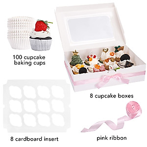 Moretoes 8 Pcs Cupcake Boxes, 12 Count White Cupcake Boxes with Windows and Inserts to Fit 12 Cupcakes Muffins or Pastries, 100 Cupcake Baking Cups and Ribbon