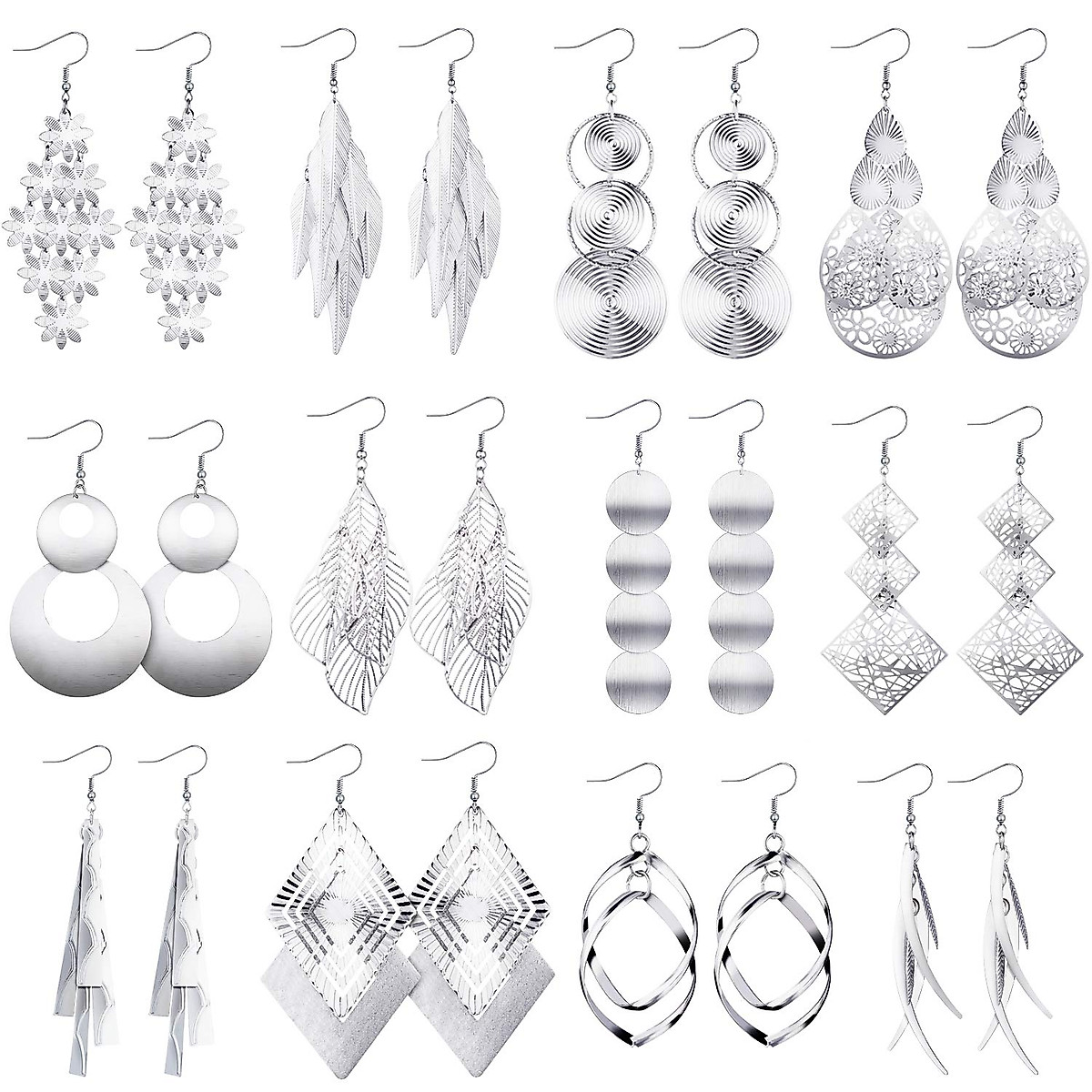 Hicarer 12 Pairs Drop Dangle Earrings Bohemian Long Fringed Earrings Vintage Statement Earrings for Women(Silver)