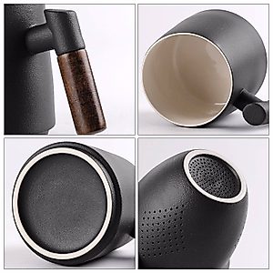 ERBAITM Sandalwood handle Tea Mug，Porcelain Tea Mug with Infuser and Lid，13.5 oz