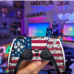 HK Studio US Flag Decal Sticker Skin Specific Cover for Both PS5 Disc Edition and Digital Edition - Waterproof, No Bubble, Including 2 Controller Skins and Console Skin