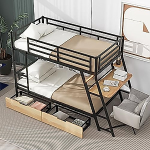 WADRI Modern Twin Size Bunk Bed with Built-in Desk and 2 Drawers, Metal Bunk Bed Frame with Light and Metal Slat Support for Kids Teens Boys Girls Bedroom