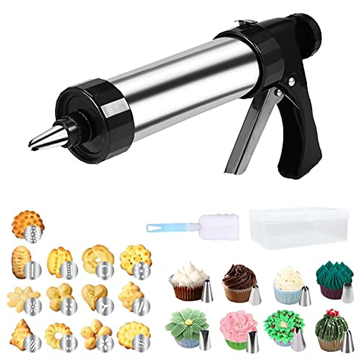JAZORR Cookie Press,Stainless Steel Cookie Press Gun Kit with 13 Cookie Mold Discs 8 Piping Nozzles for DIY Biscuit Maker and Cake Decorating Tool (Black,with Cleaning Brush)