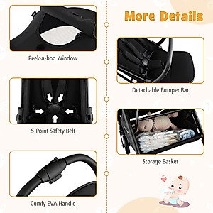 BABY JOY Lightweight Baby Stroller, Compact Travel Stroller for Airplane, Infant Toddler Stroller w/Adjustable Backrest & Canopy, Storage Basket, Self Standing Gravity Fold, Aluminium Frame (Black)