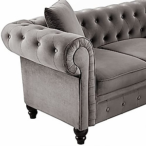 OYN 63" Chesterfield Sofa & Couch Deep Seat Button Tufted Velvet Loveseat Upholstered 2 Seater Sofa Classic Roll Arm, 2 Pillows Included, Grey