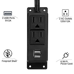 Power Strip with USB, BTU Desktop Power Outlet with 2 AC Outlets, 2 USB Ports, 6.56ft Extension Cord, Mountable Under Desk, Workbench, Nightstand, Dresser, Table, Black