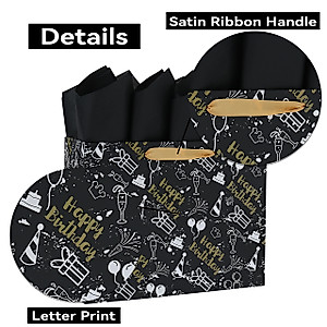 13" Large Black Gift Bag Set with Greeting Card and Tissue Papers (Cakes and Gifts Design) for Men's or Women's Party, Boys', Girls' or Kids' Birthday Parties, Baby Boy or Girl, Baby Shower-13”x5.2”x10.2”, 1 Pcs.