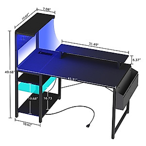 Homieasy Gaming Desk with Power Outlets & Pegboard & Led Light, 43 Inch Computer Desk with Reversible Storage Shelves & Side Storage Bag, PC Gamer Desk with Hutch & Monitor Stand, Carbon Fiber Black