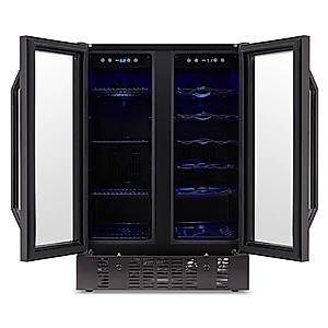 NewAir 24” Wine and Beverage Refrigerator and Cooler, 18 Bottle and 60 Can Capacity, Built-in Dual Zone Fridge in Black Stainless Steel with French Doors