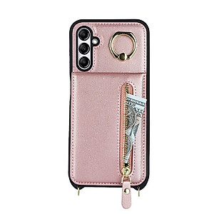 DEYHU Samsung Galaxy A14 5G Case with Card Holder for Women, Galaxy A14 5G Phone Case Wallet with Strap Credit Card Slots Crossbody with Zipper Shockproof Case for GalaxyA14 5G - Rose Gold