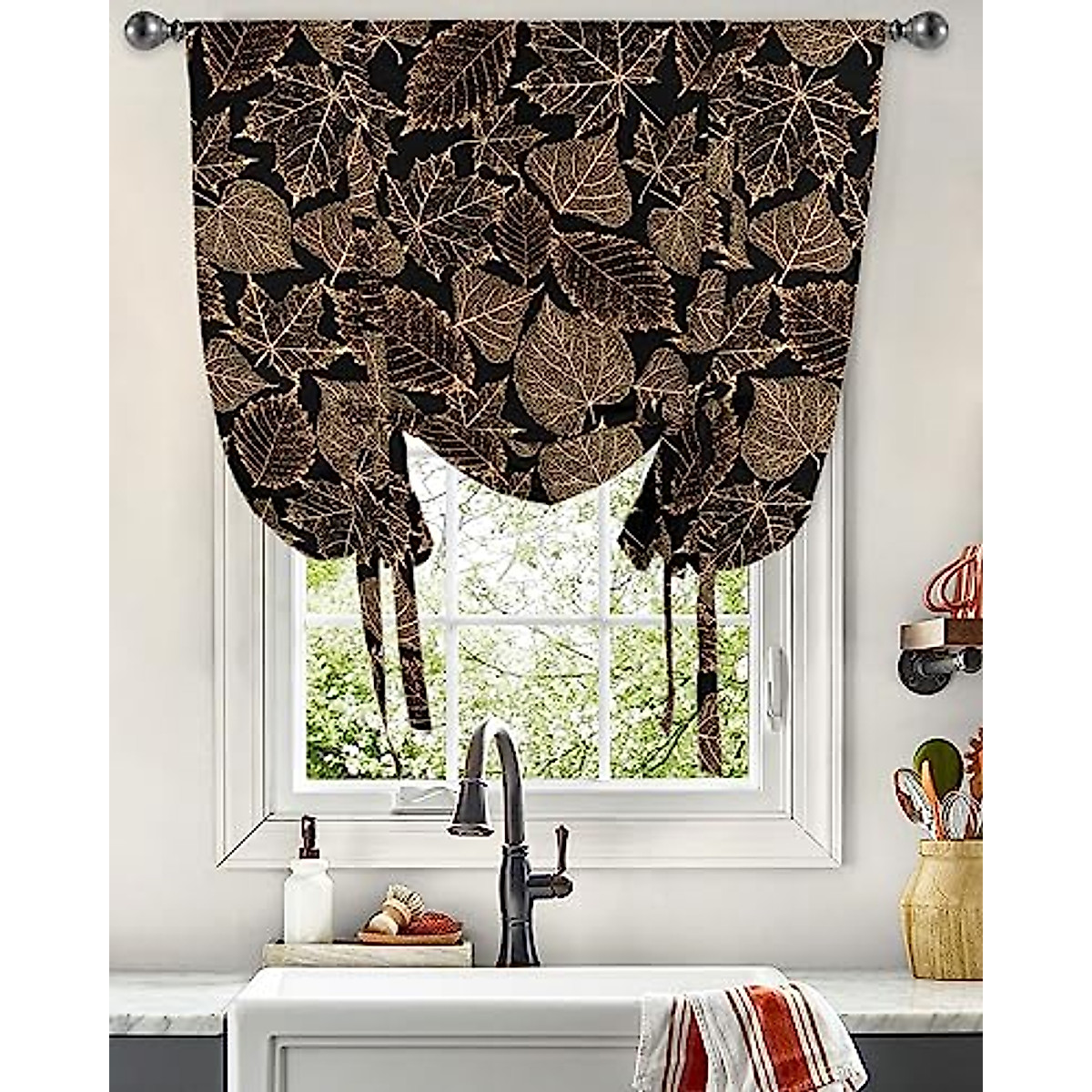 Thanksgiving Fall Tie Up Curtains for Kitchen Bathroom Bedroom Windows 63 Inch Length, Balloon Drape Curtains Shade Rod Pocket Drapery Curtain Gold Autumn Maple Leaves Black Backdrop 1 Panel, 52"x63"