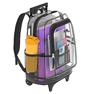 seastig Clear Backpack Rolling Backpack for Kids 18in Double Handle Wheeled Backpack Children Luggage for School, Travel