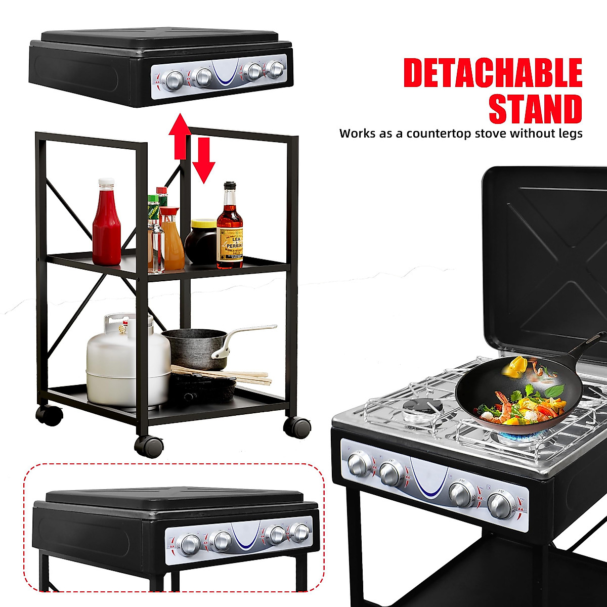 4 Burner Gas Stove Camping Stove Propane Burner Portable Stable RV Stove Top Stainless Steel Camping Grill Stove Outdoor Safety with Removable Stand, CSA Certified Gas Regulator and Hose Easy to Clean