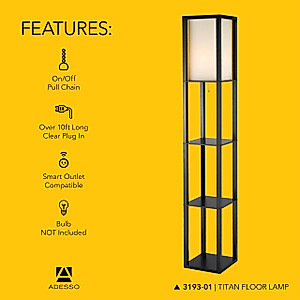Adesso 3193-01 Titan Tall Shelf Floor Lamp, 72 in, 150W Incandescent/equiv. CFL, Black PVC Veneer on MDF, 1 Floor Lamp
