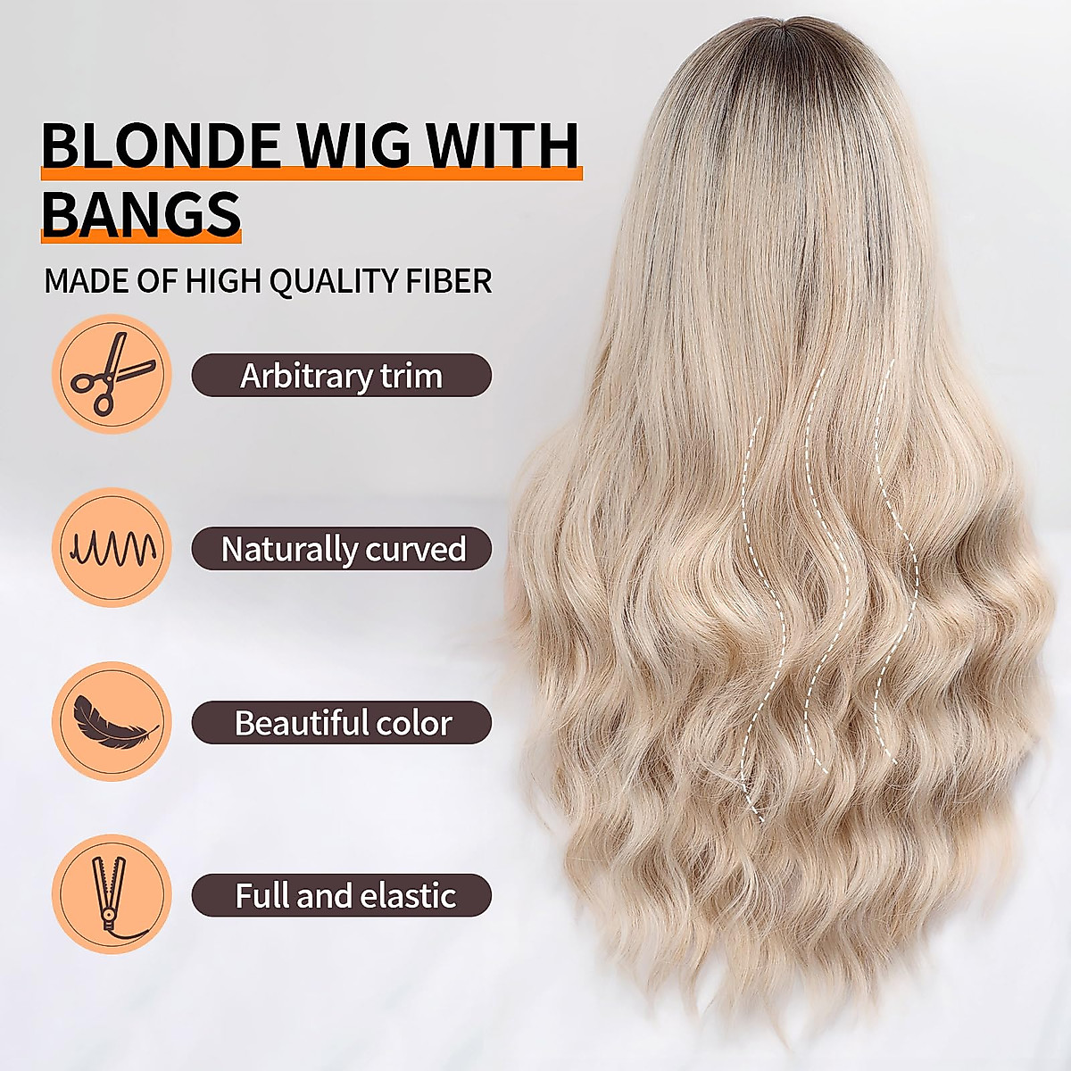 ORSUNCER Blonde Wig with Bangs Long Wavy Curly Ombre Blonde Wig Natural Looking Synthetic Heat Resistant Hair Wigs for Daily Party Wig 26 Inches