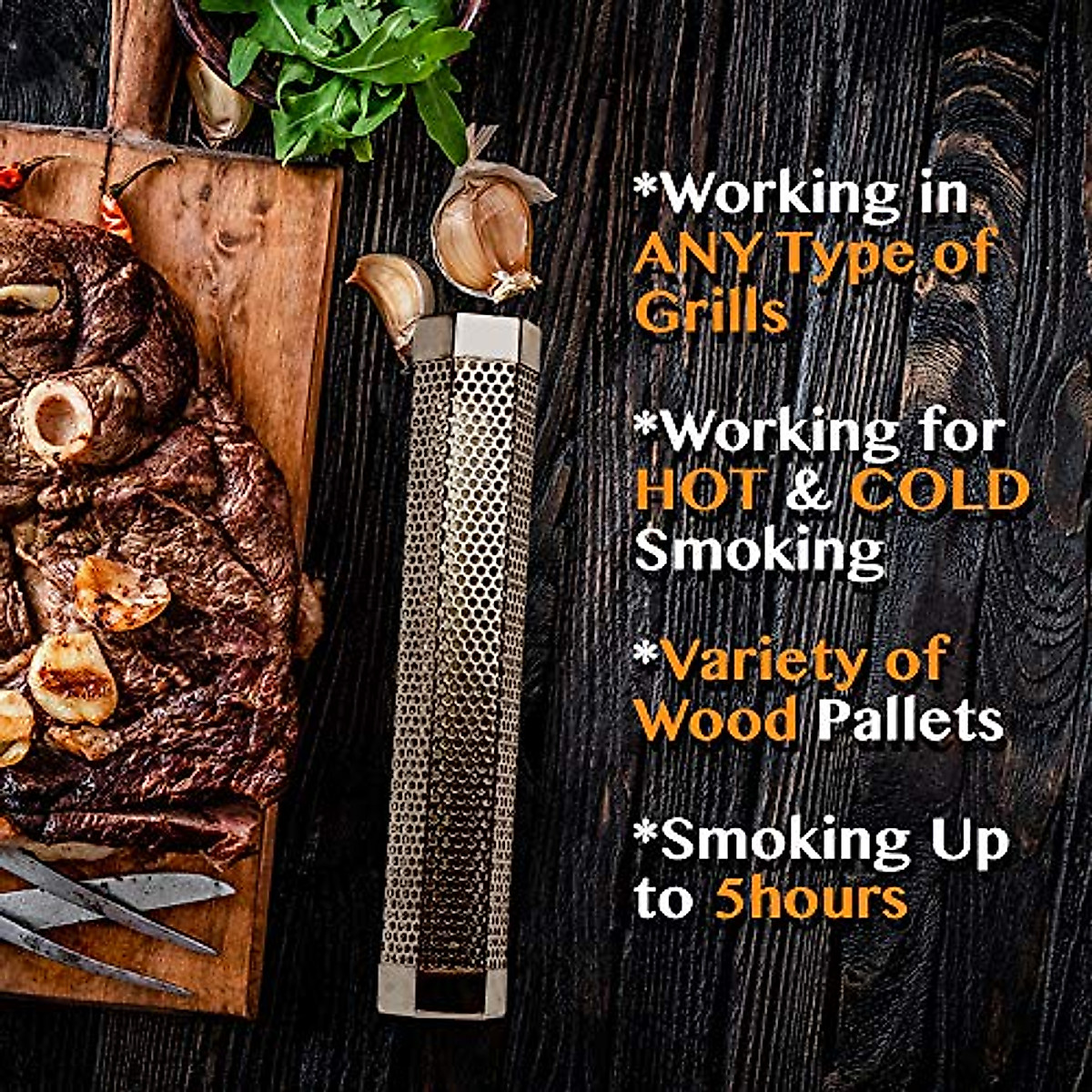 Goqual 12" Hexagon Premium Smoker Tube/1 Silicone Brush/2 S-Shaped Hooks/1 Black Cleaning Brush/1 Heat Resistant Grill Glove Accessories-up to 4-6 Hours, Cold and Hot Smoking, Smoke Tube for Grill