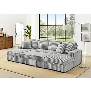 Olodumare 122’’ Oversized Sleeper Sectional Sofa with Pull Out Bed for Living Room, U-Shaped Convertible Couch with Double Chaise Storage for Small Space, Plush Comfy Corduroy Fabric Furniture, Grey