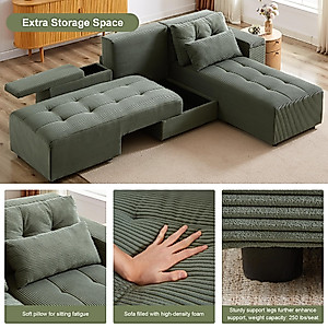 BUIORD 93.5" Convertible Oversize Corduroy 3 in 1 Sleeper & Sectional Sofa,L-Shaped Sofa with 4 Storage Space for Living Room,Pull-Out Sofa Bed with 4 Pillows (Green)