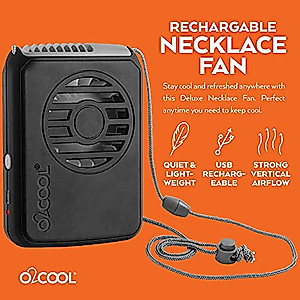 O2COOL Rechargeable Necklace Fan - Portable Hanging Neck Fan with Adjustable Lanyard - 3 Speed Vertical Air Flow – Micro USB Charging Cable Included (Black)