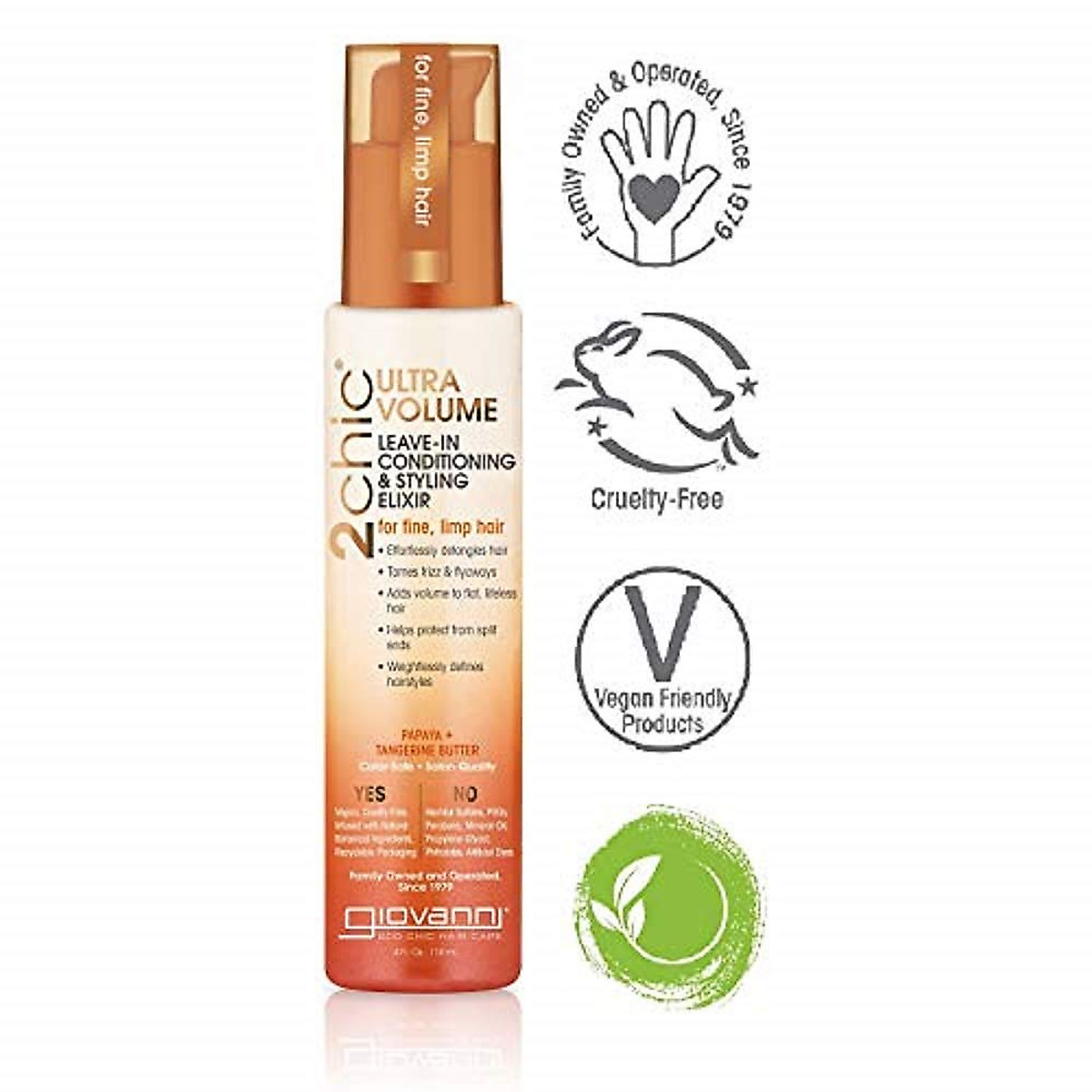 GIOVANNI 2chic Ultra-Volume Leave-In Conditioning & Styling Elixir - Builds Volume, Promotes Weightless Control for Fine/Thin Hair, Volumizing Formula with Papaya & Tangerine Butter, Color Safe - 4 oz