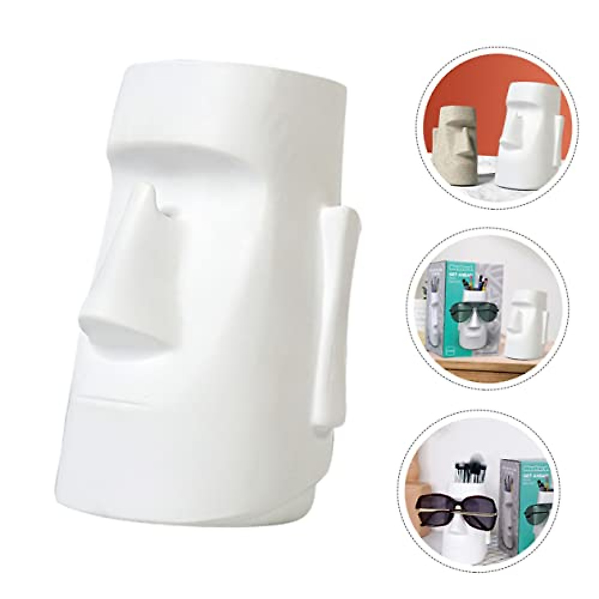 Operitacx Stone Pencil Holder Multifunctional Storage Box Eye Glasses Storage Organizer Pencil Organizer Case Easter Island Stone Pen Holder Desk Pen Organizers Desktop Storage Holder White
