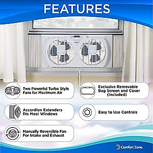 Comfort Zone CZ319WT 9" Twin Window Fan with Reversible Airflow Control, Auto-Locking Expanders and 2-Speed Fan Switch, White