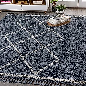 JONATHAN Y MCR103A-4 Mercer Shag Plush Tassel Moroccan Tribal Geometric Trellis Indoor Area-Rug Bohemian Easy-Cleaning High Traffic Bedroom Kitchen Living Room, 4 X 6, Denim Blue/Cream