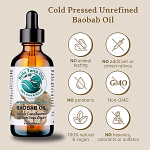 Bella Terra Oils - Baobab Oil 2 oz - Cold-Pressed Purity, Rich in Vitamin C & E, Omega-3, 6, 9 Fatty Acids, Ultimate Elixir for Nourished, Radiant Skin