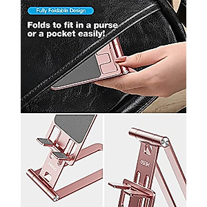 MEISO Cell Phone Stand, Fully Foldable Phone Holder for Desk, Desktop Mobile Phone Cradle Dock Compatible with iPhone, Samsung Galaxy, iPad Mini, Tablets Up to 10” (Rose Gold)