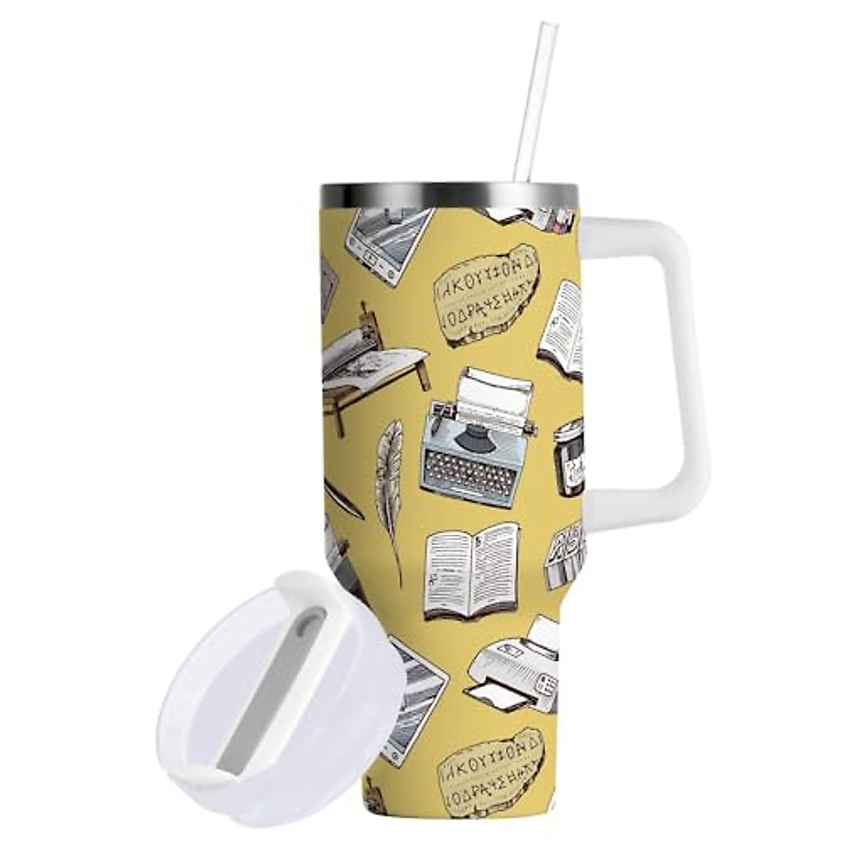 Emelivor Books Yellow 30 oz Tumbler with Lid and Straw Insulated Tumblers with Handle Leak Proof Coffee Tumbler Mug Large Water Bottles for Hot and Iced Cold Drinks