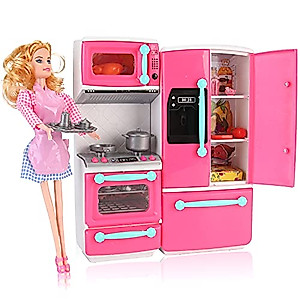Doll Size Pink Gourmet Kitchen Cooking Toy Play Set | Play House & Accessories with Doll | Girls Pretend Play Furniture Appliances with Lights & Sound